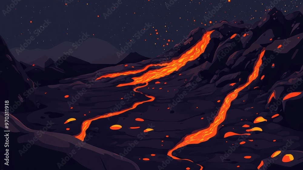 Magma Eruption With Sparkling Red And Orange Lava Fissures And Black ...