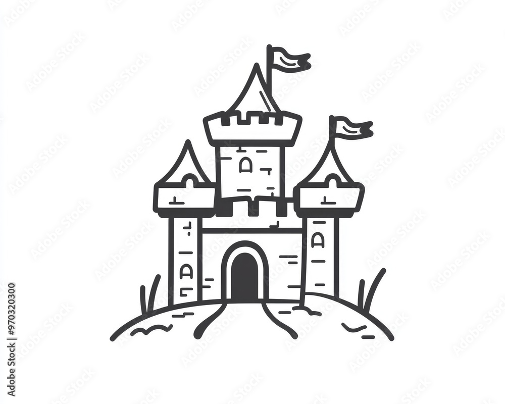Fantasy castle line art logo and icon featuring an emblematic 2D ...