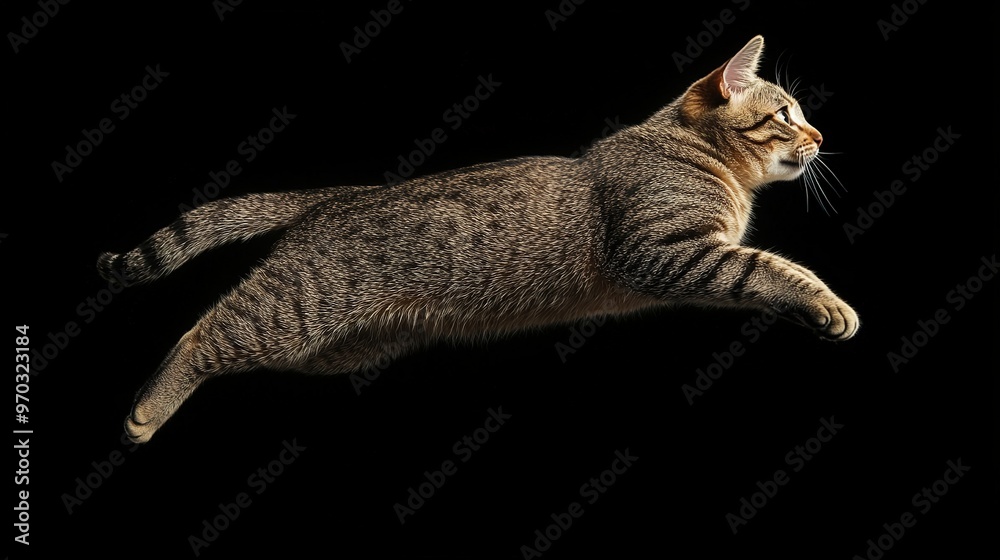 A side view profile of a jumping cat, showcasing the full body in mid ...