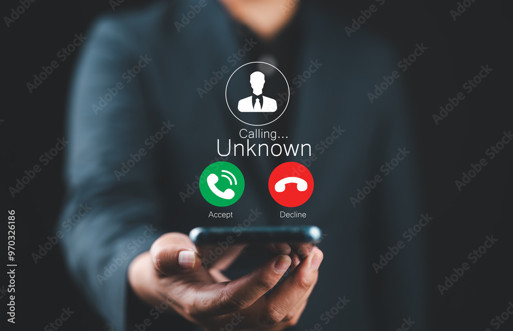 Human use smartphone with incoming call from unknown number, spam ...