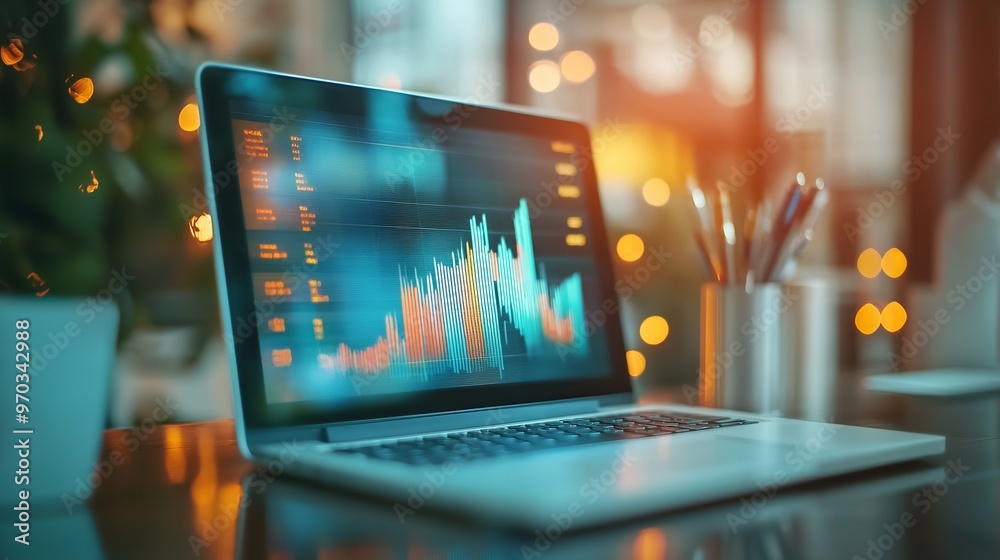 Modern workspace featuring data analysis. Blurred laptop displaying ...