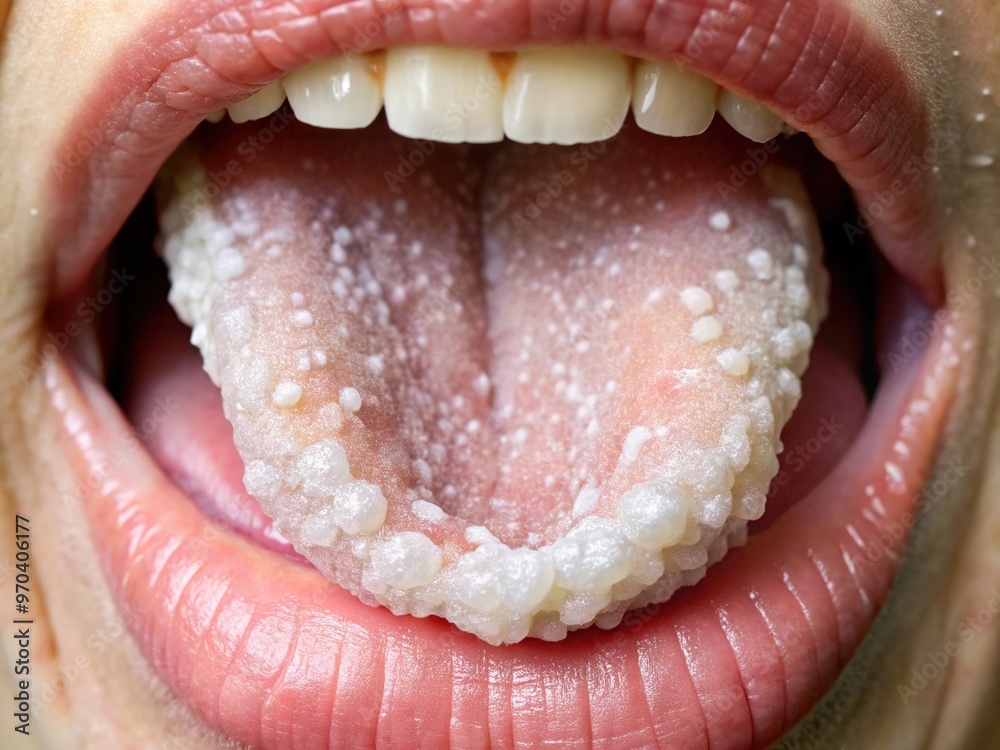 A whitish coating with a nodular texture and white streaks covers the ...