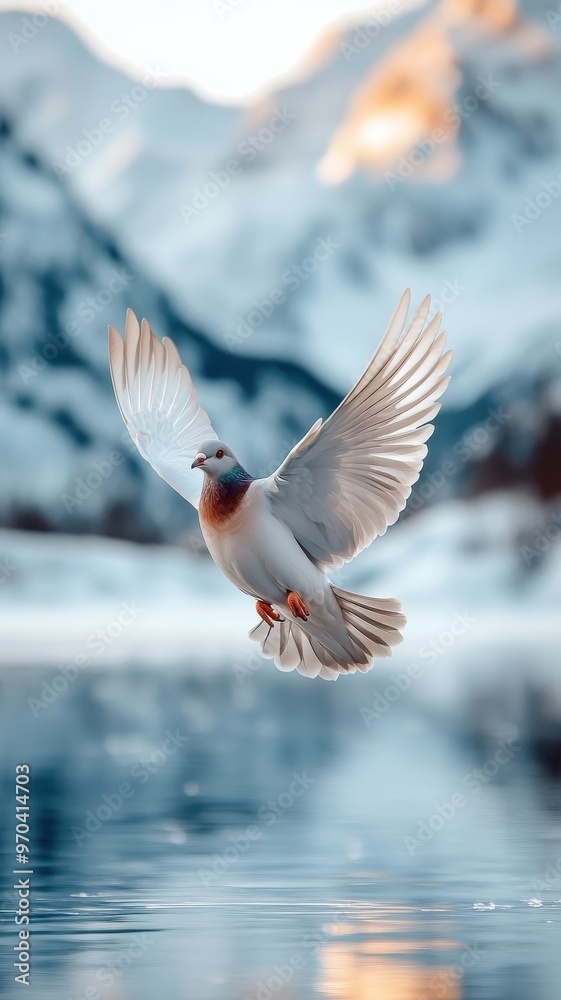Pigeon flying over a tranquil lake under the Northern Lights, with the ...