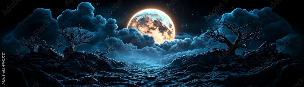 Enigmatic moonlit forest with hidden creatures and mystical glow, black ...