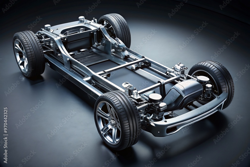 A car chassis boasting a sleek and sporty design, distinguished by a ...