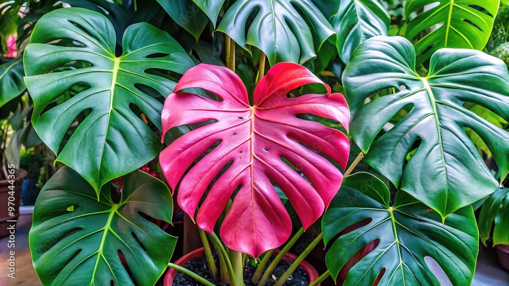 A stunning pink Monstera deliciosa flaunts its oversized, subtly ...