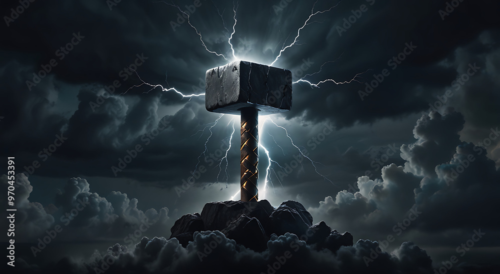 A minimal illustration of Thor's hammer, Mjölnir, floating above a ...