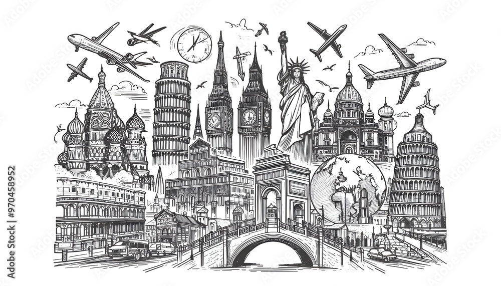 Line drawing of famous world landmarks on a white background, depicted ...