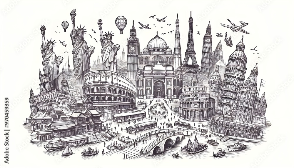 Line drawing of famous world landmarks on a white background, depicted ...