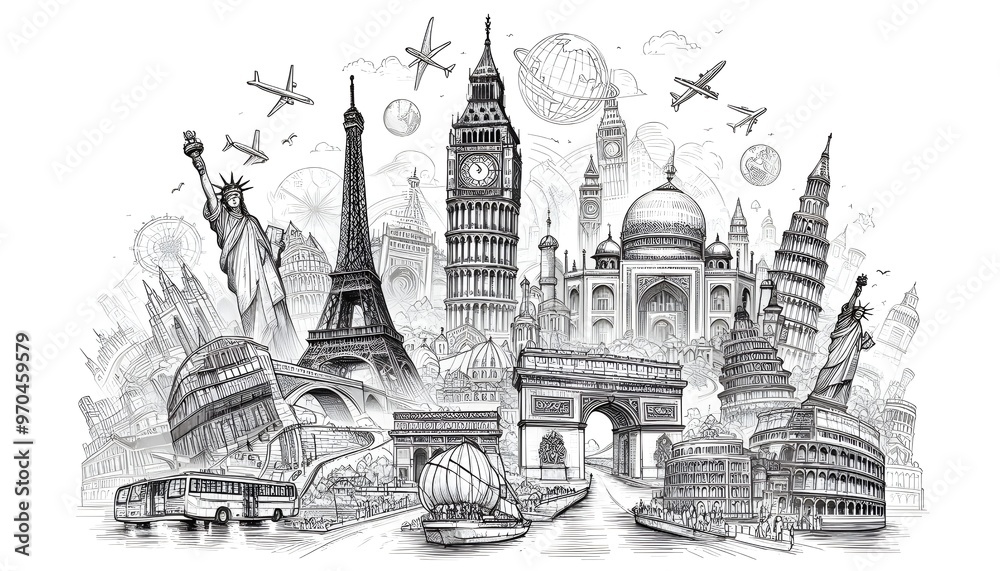 Line drawing of famous world landmarks on a white background, depicted ...