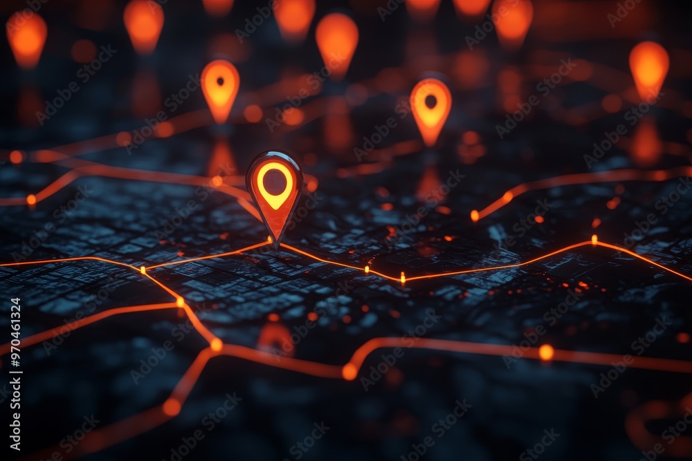 Abstract map visualization with colorful location pins for global ...