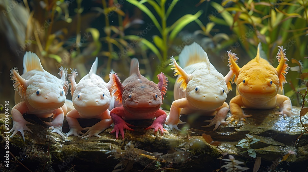 Ajolote axolotl in varying color morphs, underwater scene: A group of ...