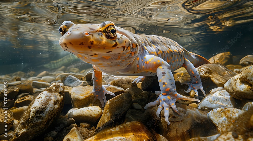 Hellbender salamander in crystal clear stream, underwater view: A ...