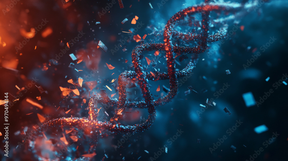 A 3D DNA molecule is shown as a jumbled mess of moving particles. This ...