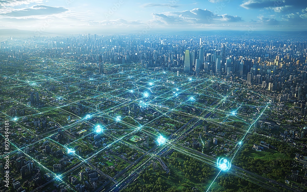 Highangle view of a sprawling urban landscape, featuring smart city ...
