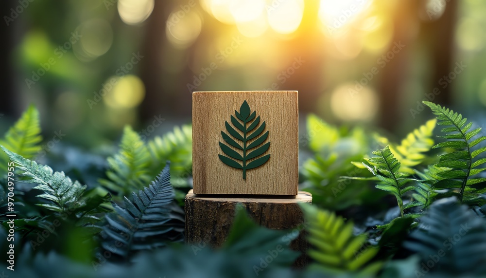 Sustainability concept featuring a green leaf icon on a wooden block ...