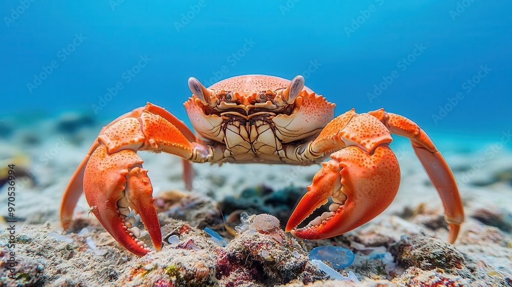 Sea creatures crawling through microplastic particles on the ocean ...