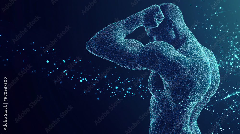 A simple design showing a strong bodybuilder, made with lines and dots ...