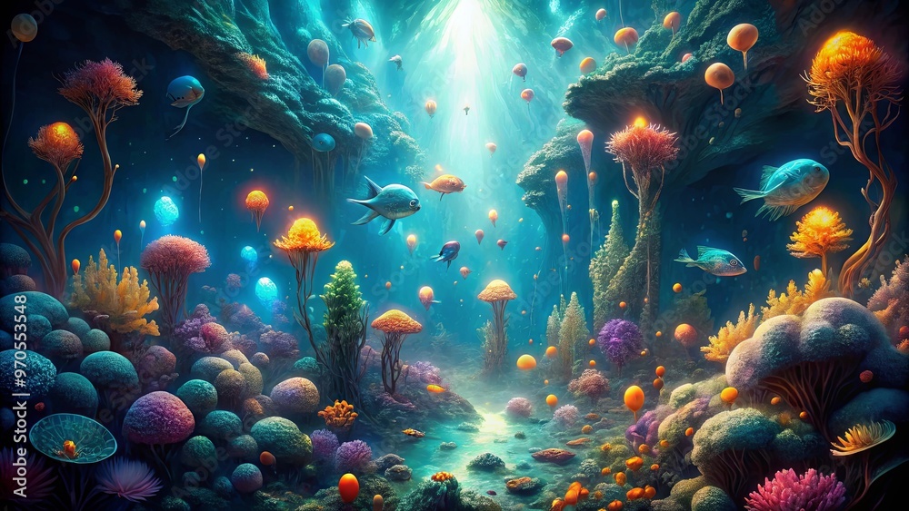 Surreal underwater scene with bioluminescent creatures drifting in the ...