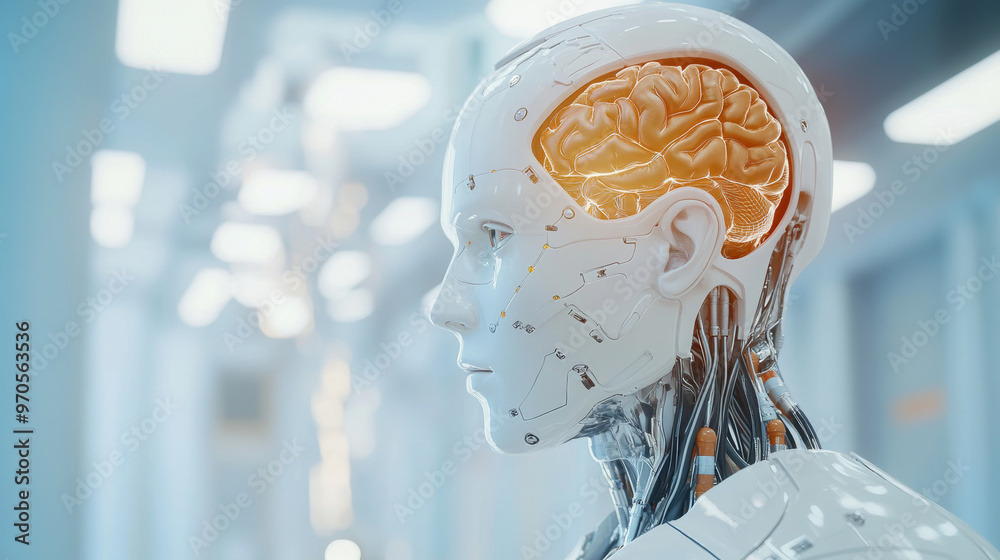 Humanoid robot with an artificial brain is learning and thinking.It ...