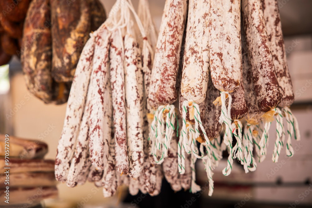 Salami hanging at a shop for sale. Stock Photo | Adobe Stock