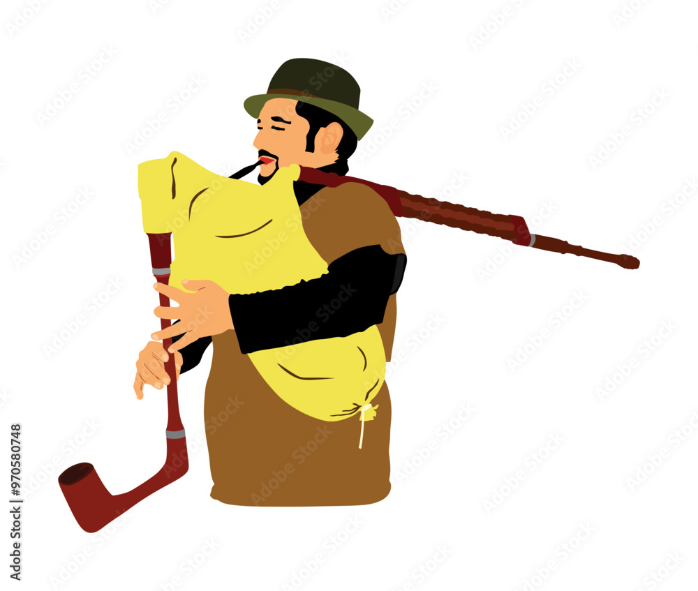 Bagpiper musician play bagpipe vector illustration isolated white ...
