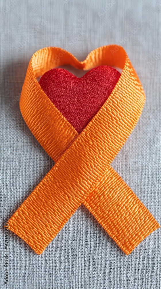 A leukemia awareness ribbon in orange with a heart in the center ...