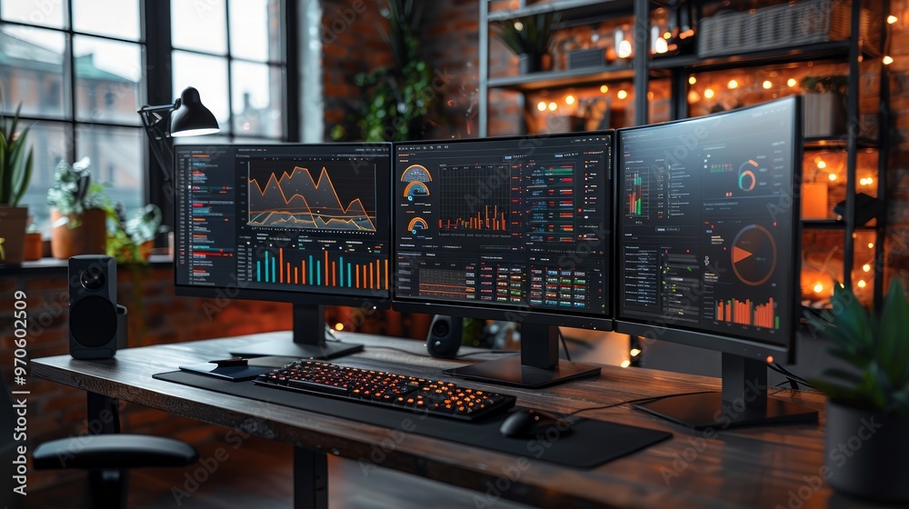 A sleek, modern office with multiple monitors displaying dynamic data visualizations and graphs ...