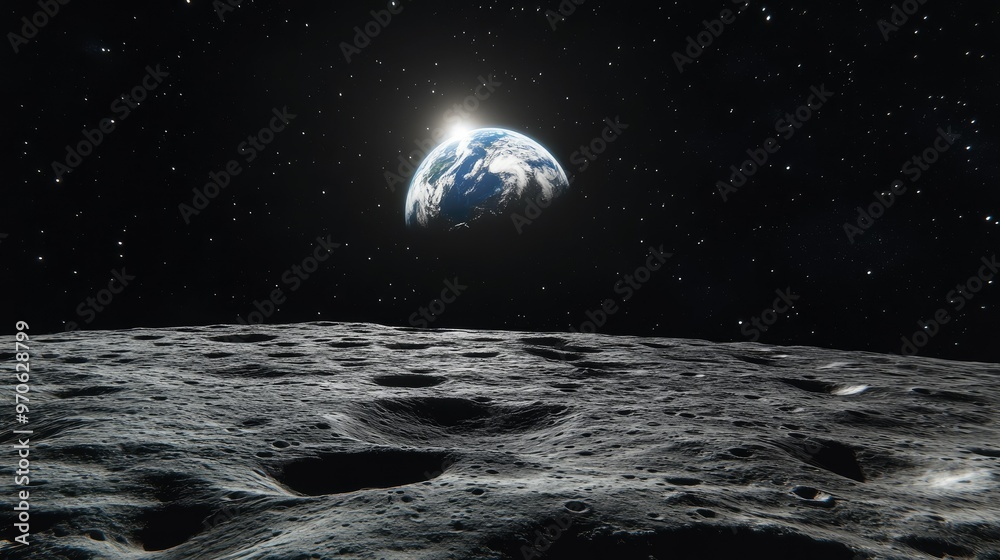 Earth seen from the moon's surface, appearing small and vibrant against ...