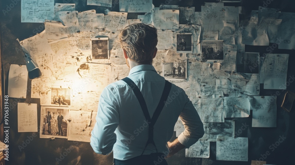 Professional detective reflects thoughtfully on elusive clues pinned to ...