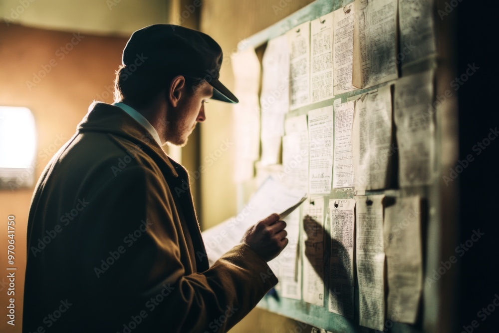 Professional detective reflects thoughtfully on elusive clues pinned to ...