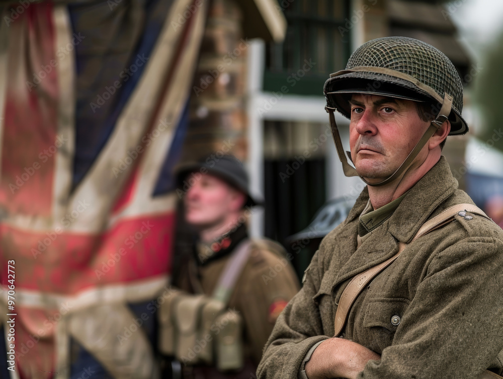 Foto de Stock 1940s British soldier in World War II attire stands next to an English union jack ...