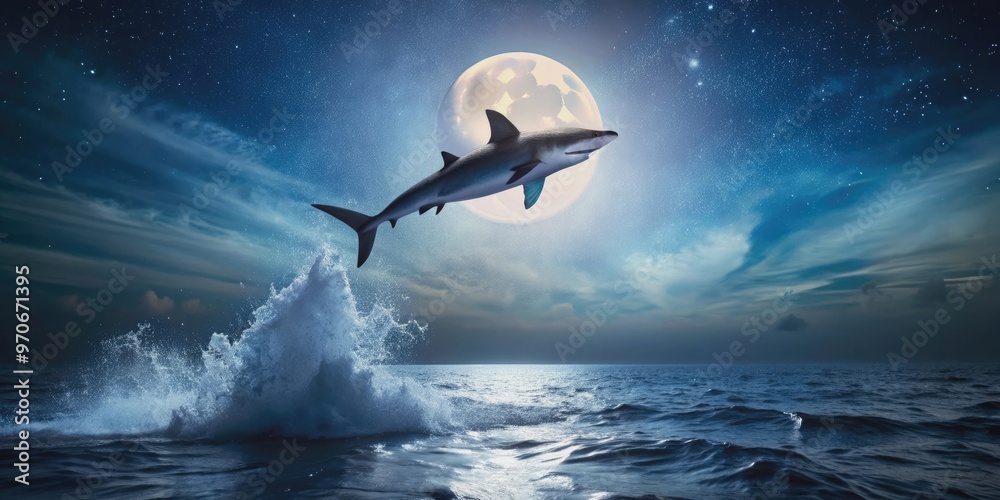 Lone shark leaping from moonlit sea , predator, ocean, water, night ...