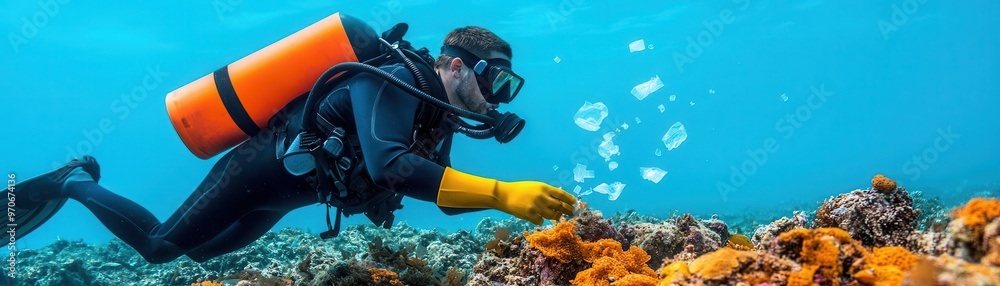 Diver collecting floating microplastic particles from the surface of ...