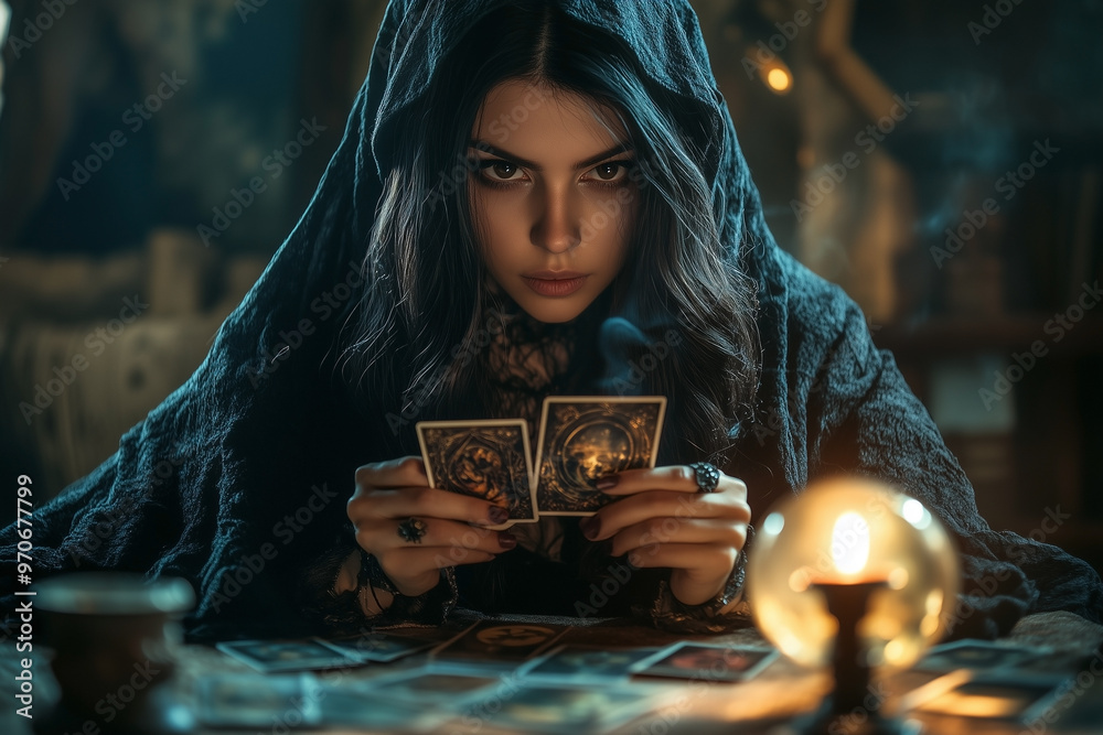 Mystical Tarot Reading. A woman with a mysterious expression conducts a ...