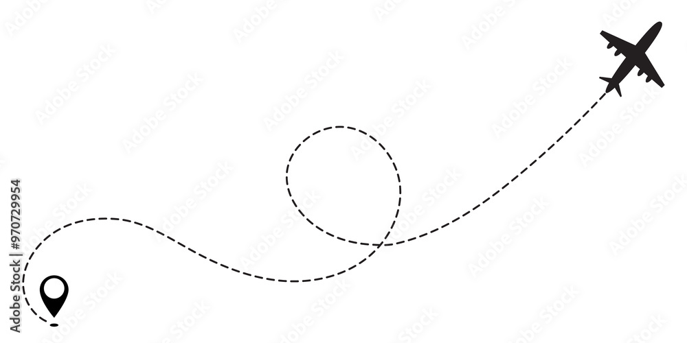 illustration of an airplane flying and dotted line. map marker location ...