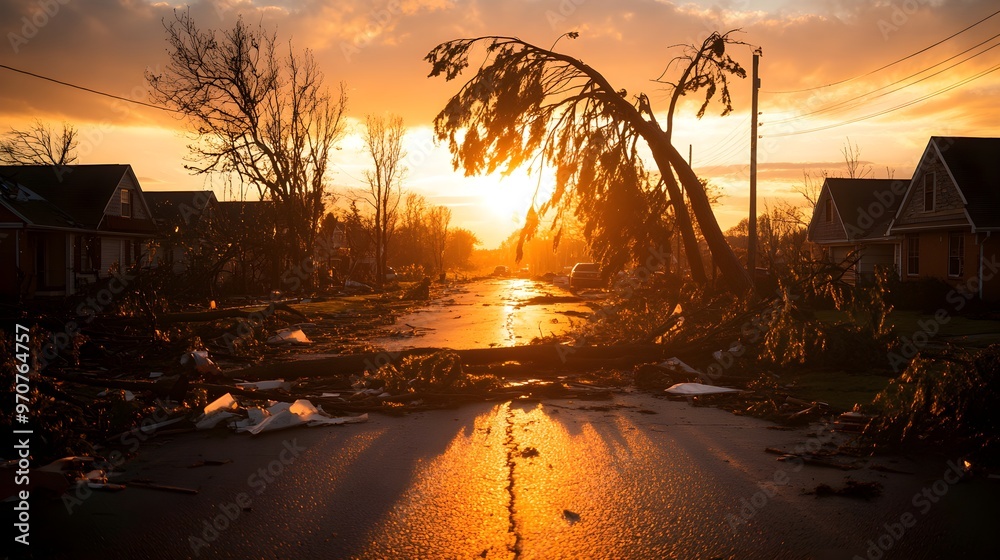 Devastated residential area after a storm, with large trees collapsed ...