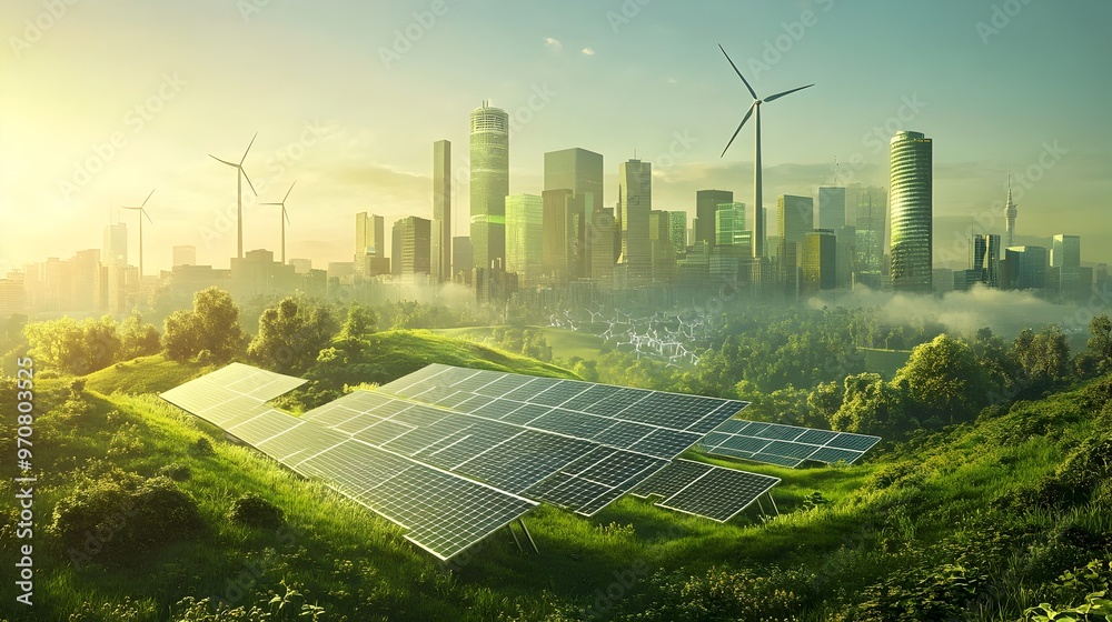 Eco-Friendly Urban Skyline with Renewable Energy Technology - A modern ...
