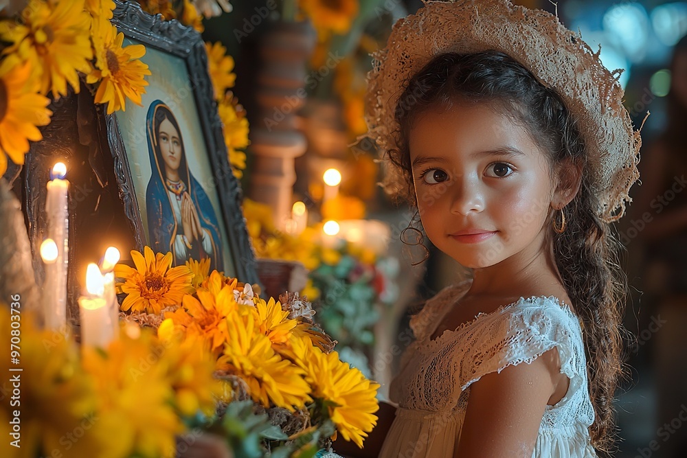 Girl praying in front of a picture of the Virgin Mary, feast of Our ...