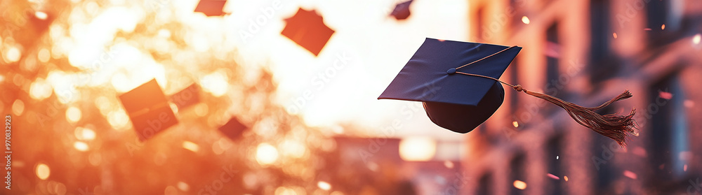 Black graduation caps in the air at sunrise, blurry background of happy ...