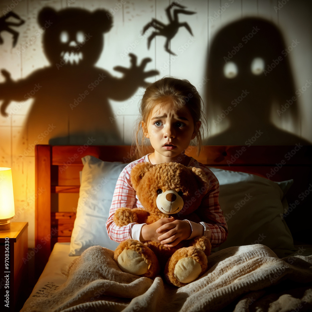 A scared little girl alone in her bed, clutching her teddy bear tightly ...