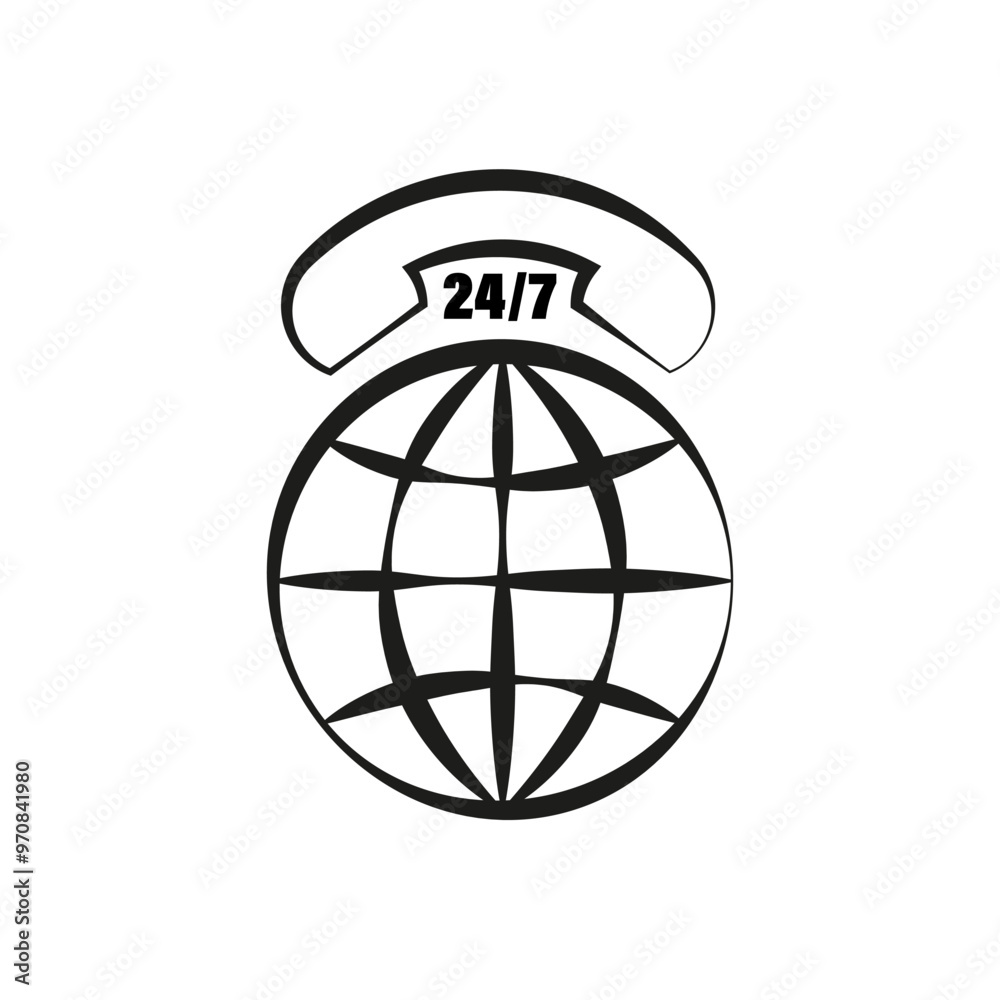 24 7 global service icon. Telephone receiver and globe symbol. Black ...