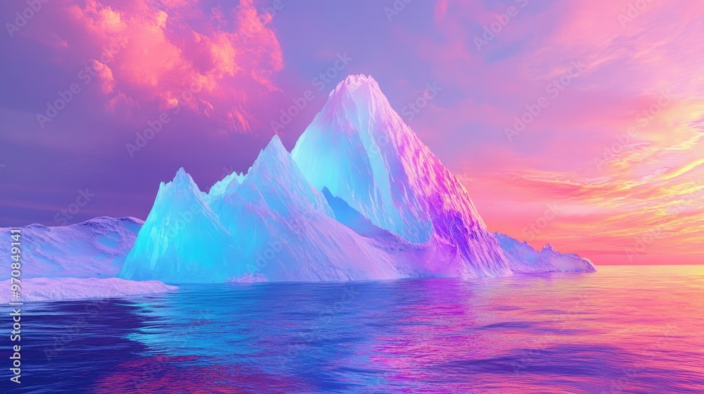 Colorful iceberg mountain in a serene ocean setting, with vibrant ice ...