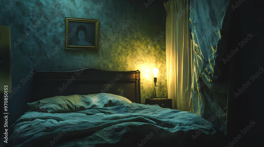 Haunted hotel room with an unmade bed, a single flickering lightbulb ...