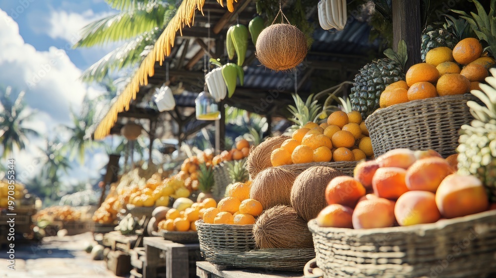 Tropical fruit market overflowing with fresh papayas, coconuts, and ...