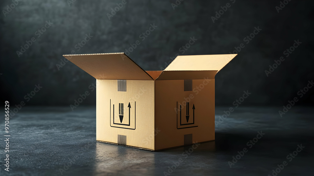 Open Cardboard Box with Fragile Symbol and Up Arrow, Ready for Shipping ...