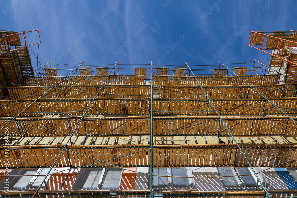 Building facade renovation, scaffolding. Extensive scaffolding ...