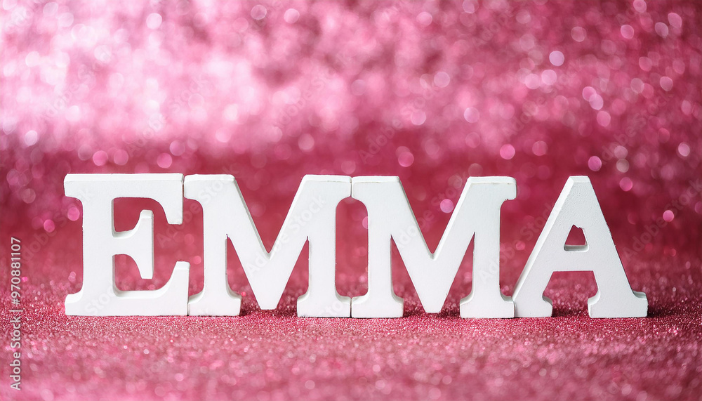 Girl female name Emma, white letters, blurred pink glittering backdrop ...