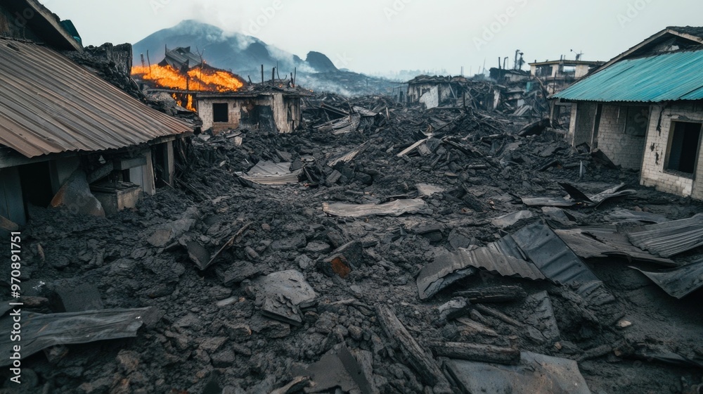 Ash covered Town with Collapsed Roofs After Volcanic Eruption Depth of ...