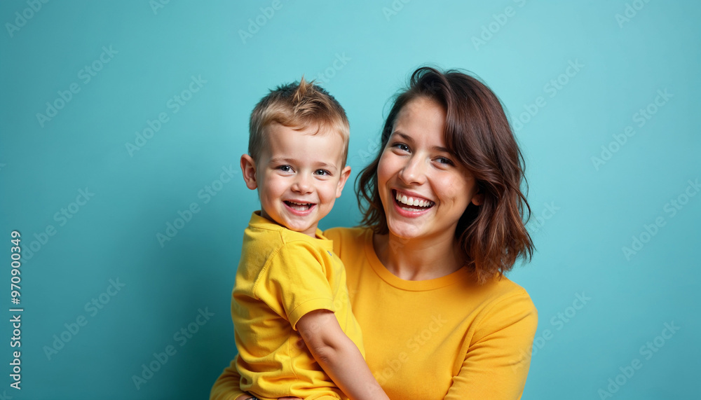 Woman in yellow clothes have fun posing with cute child baby boy 4-5 ...